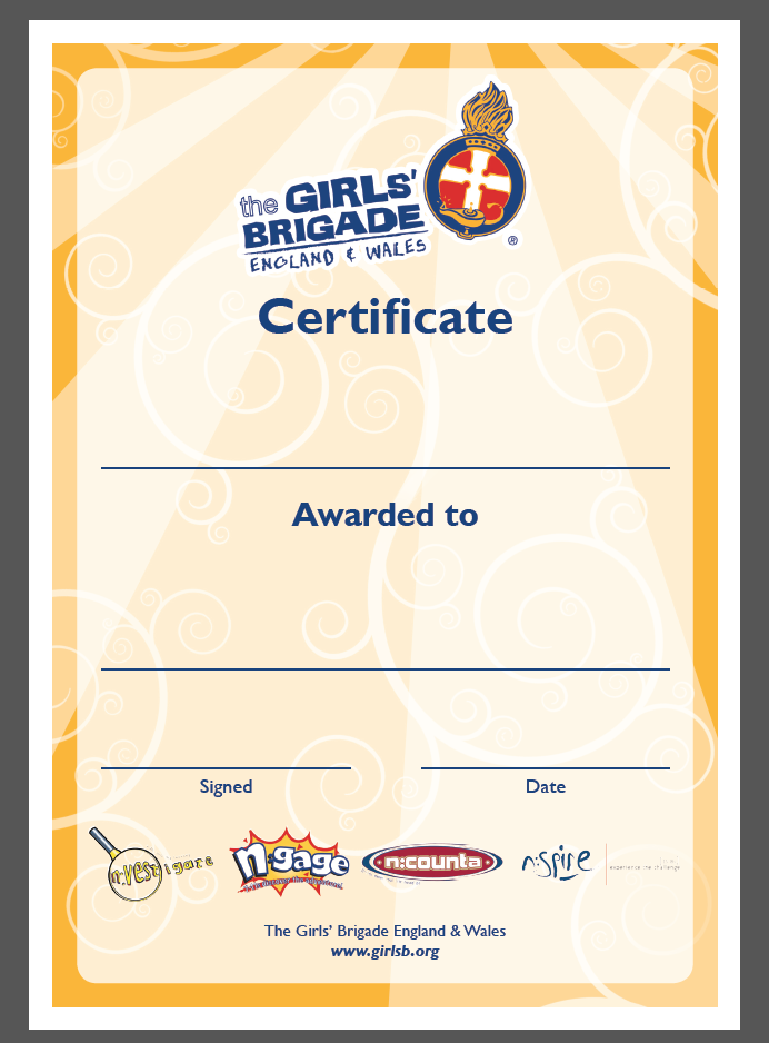 CERTIFICATE - THE GIRLS' BRIGADE – Girls' Brigade Shopping